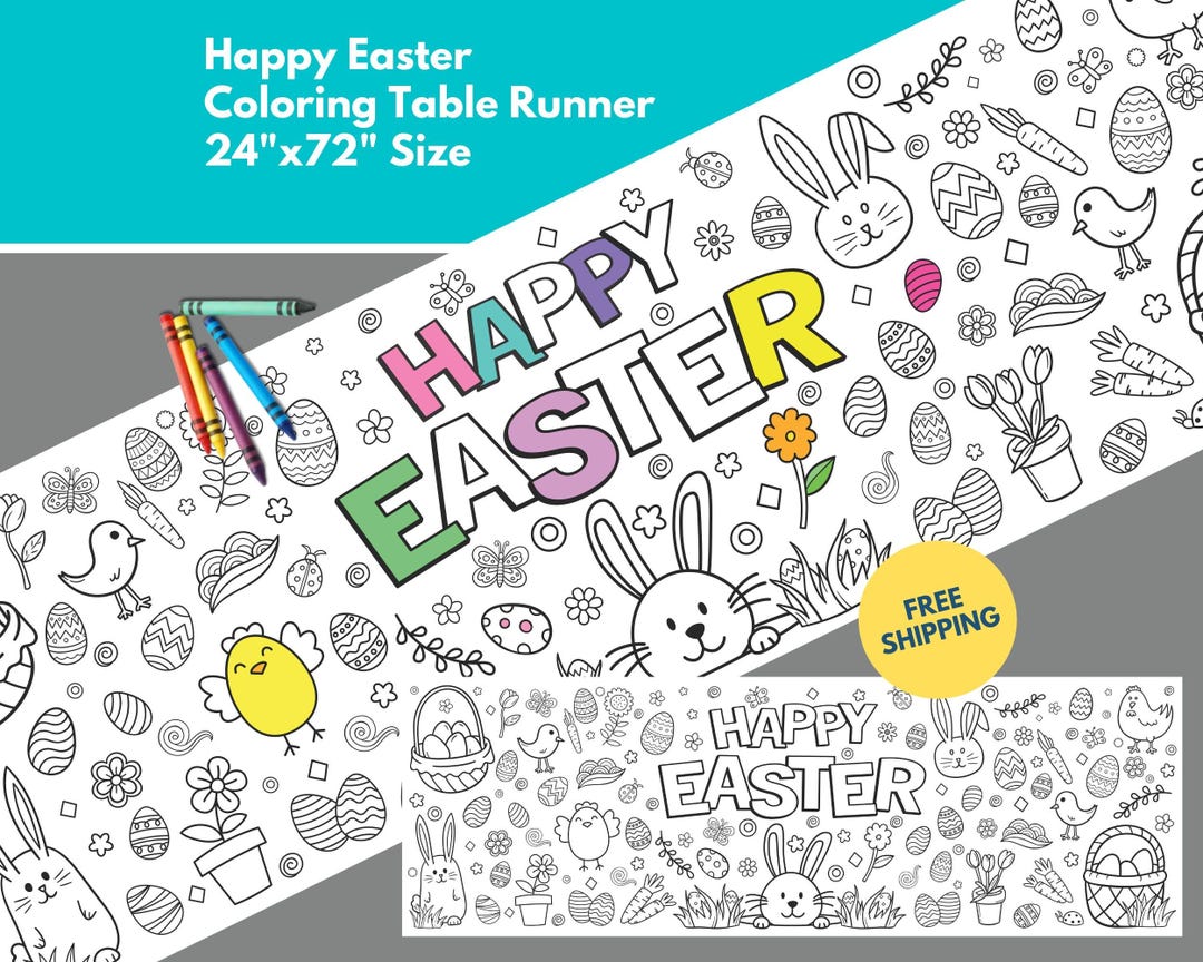 Easter Coloring Poster or Table Runner, Happy Easter Coloring Banner ...