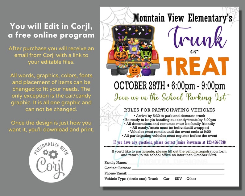 Trunk or Treat Sign up Form to Edit in Corjl, Download and Print, Trunk ...