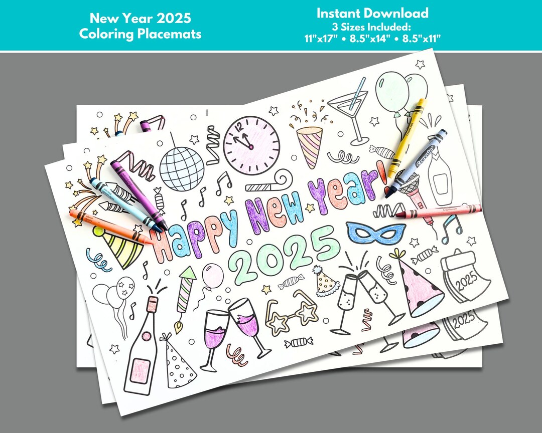 New Years Coloring Placemats, NYE Coloring Page, New Years Eve Activity ...