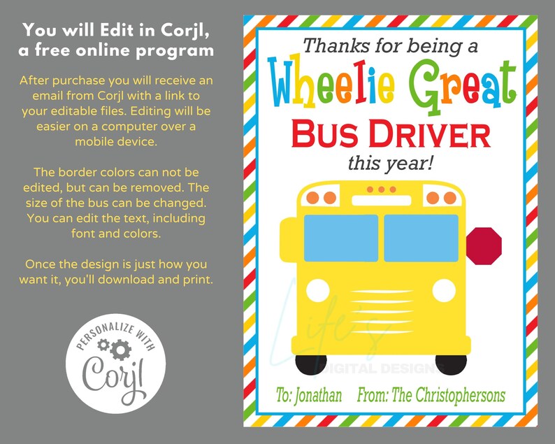 School Bus Driver Gift Card Holder & Card to Edit in Corjl, Download ...