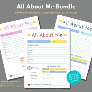 All About Me Form to Download and Print With 3 Color Options for ...