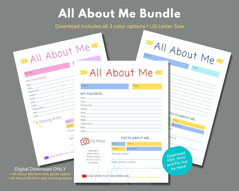 All About Me Form to Download and Print With 3 Color Options - Etsy