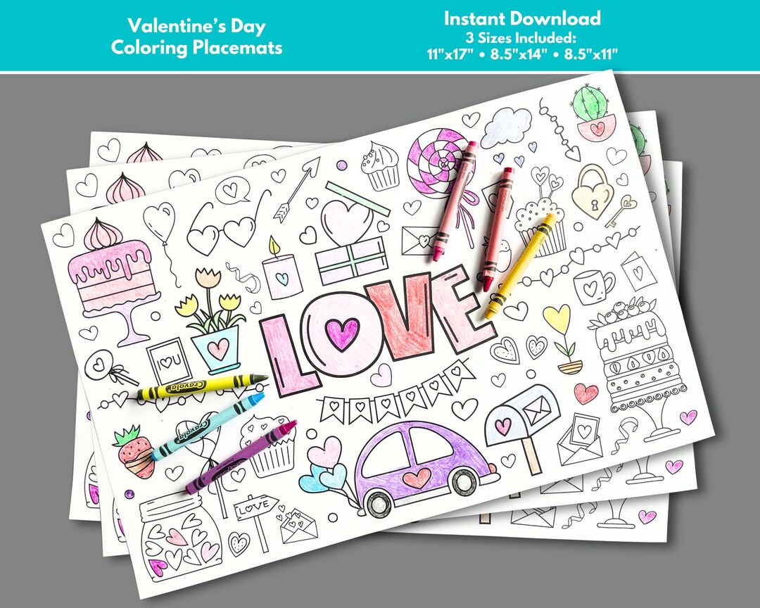 Valentine's Day Coloring Placemats, Heart Placemat Printable, Valentine ...