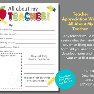 Teacher Appreciation Week All About My Teacher Form to Download and ...