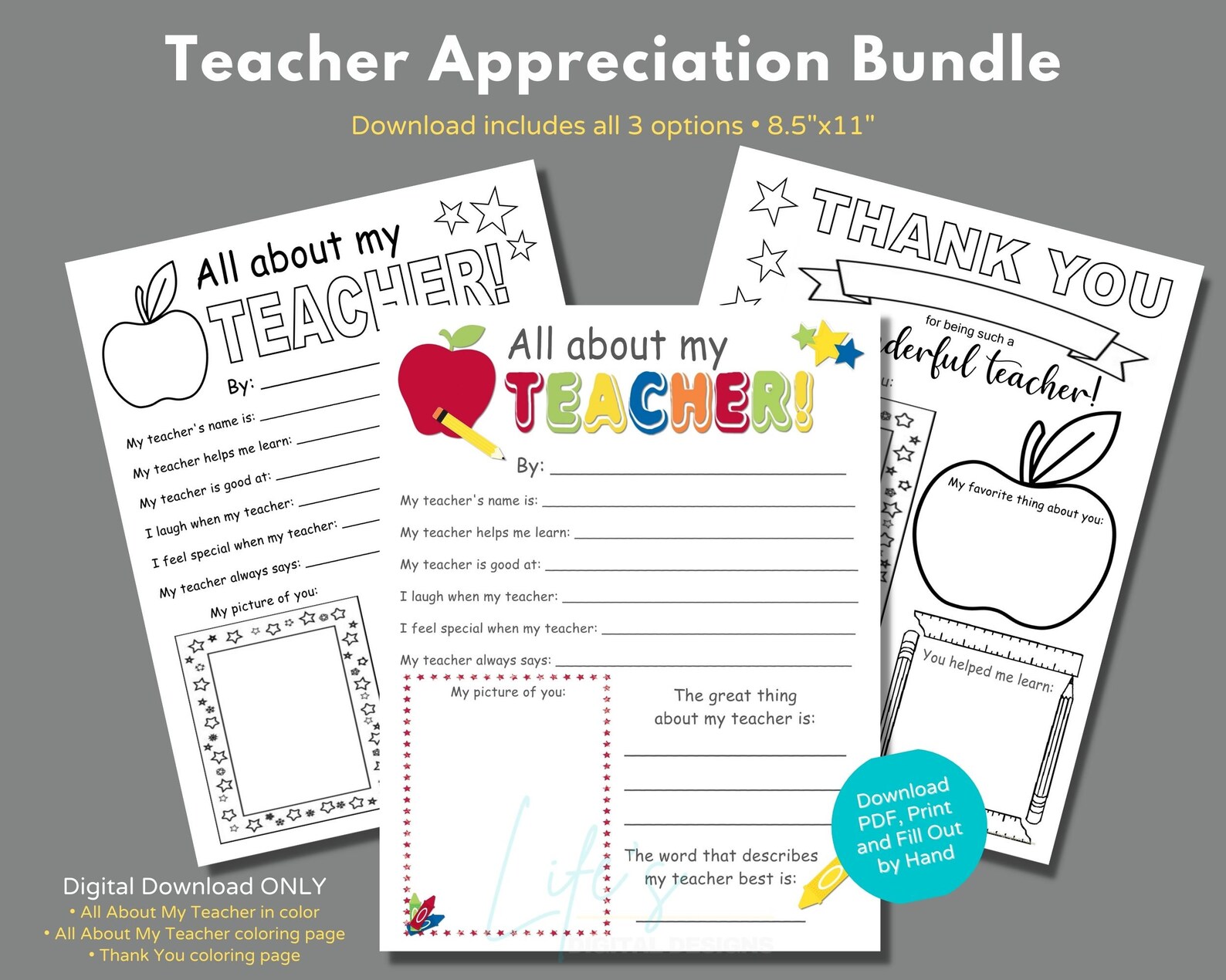 Teacher Appreciation Bundle All About My Teacher in Color and - Etsy