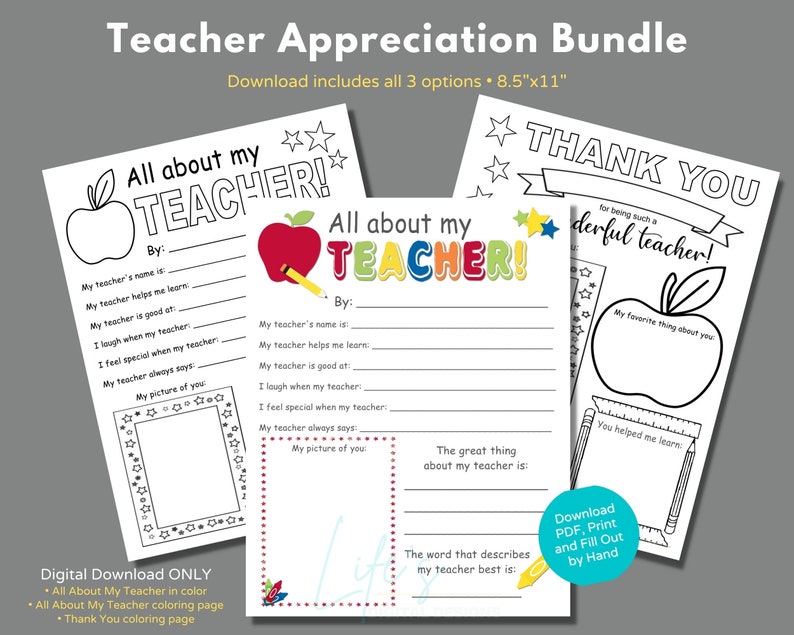 Teacher Appreciation Bundle All About My Teacher in Color and - Etsy