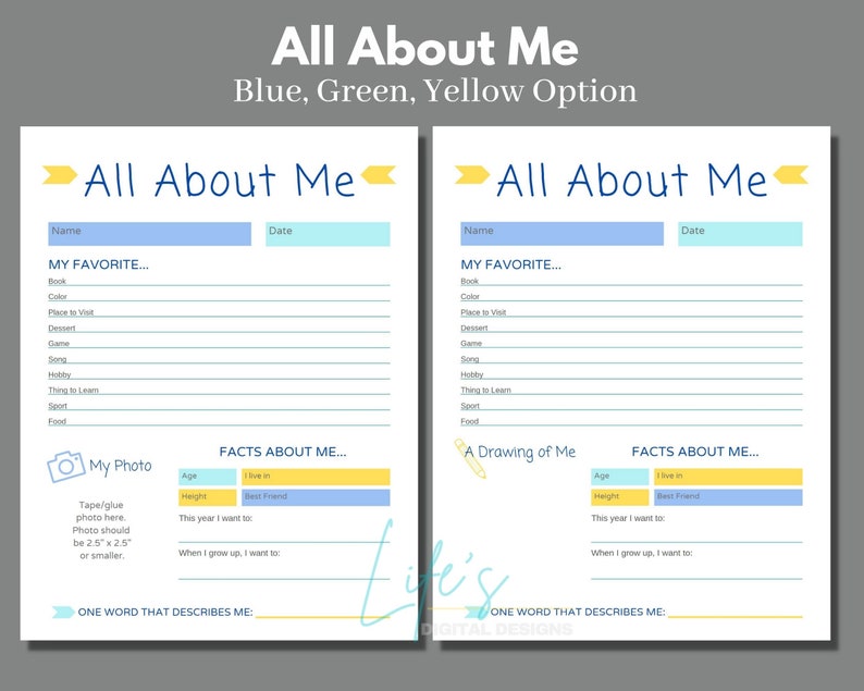 All About Me Form to Download and Print With 3 Color Options - Etsy
