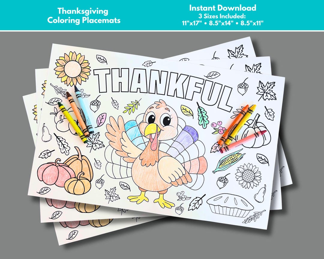 Thanksgiving Coloring Placemat, Turkey Placemat Printable, Thankful ...