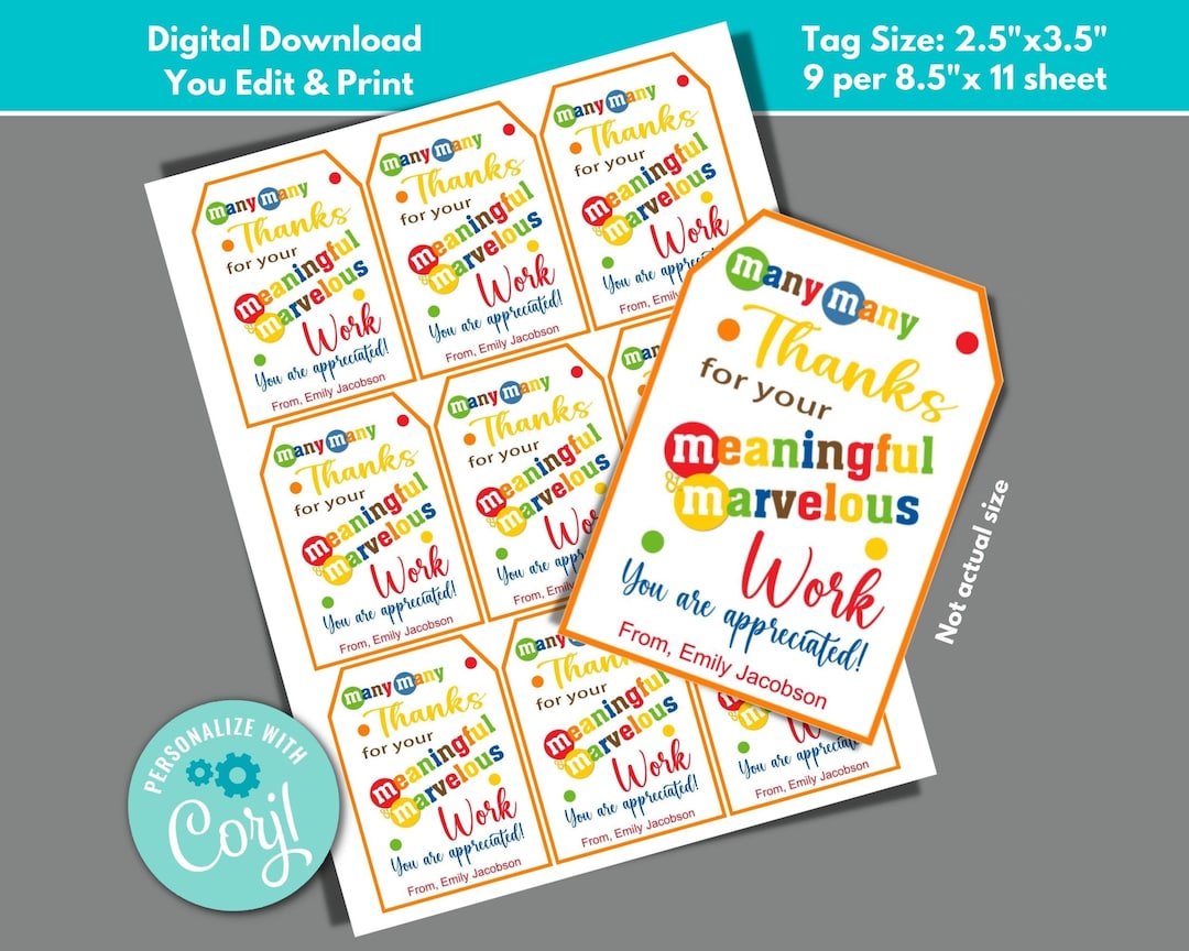 Teacher Appreciation M&M Candy Gift Tags to Edit in Corjl, Download and ...