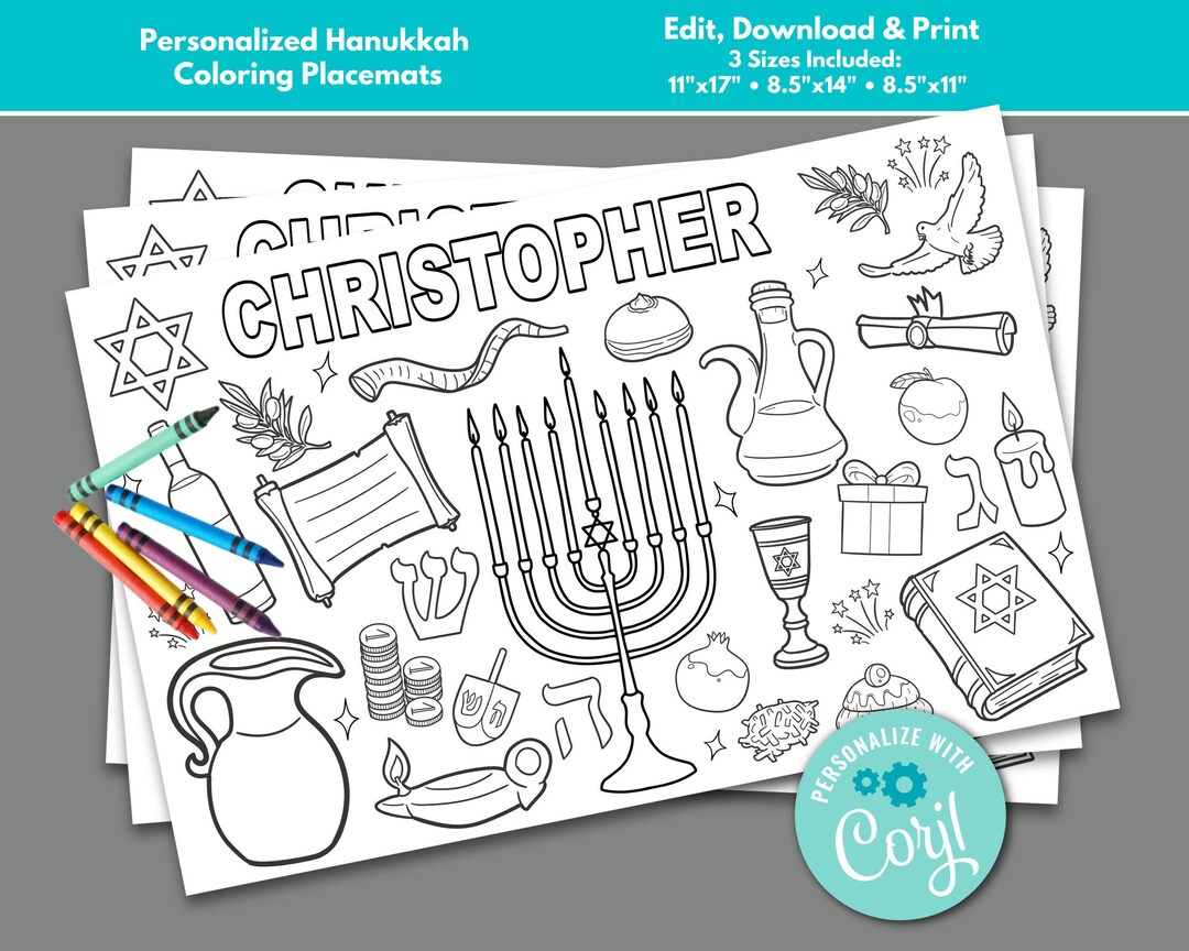 Hanukkah Coloring Placemats to Instantly Edit in Corjl, Personalized ...