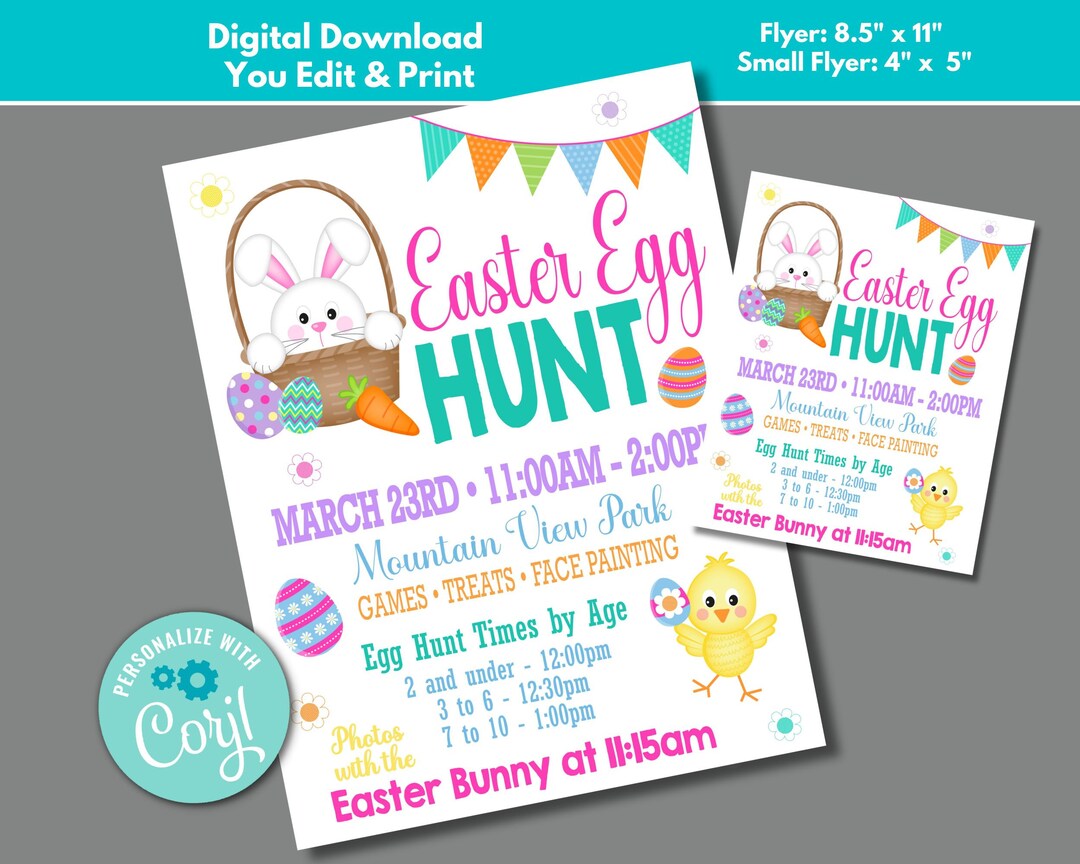 Easter Egg Hunt Flyers to Edit in Corjl, Download and Print, Easter ...