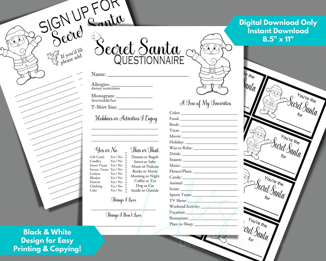 Secret Santa Questionnaire to Download and Print, Secret Santa Sign up ...