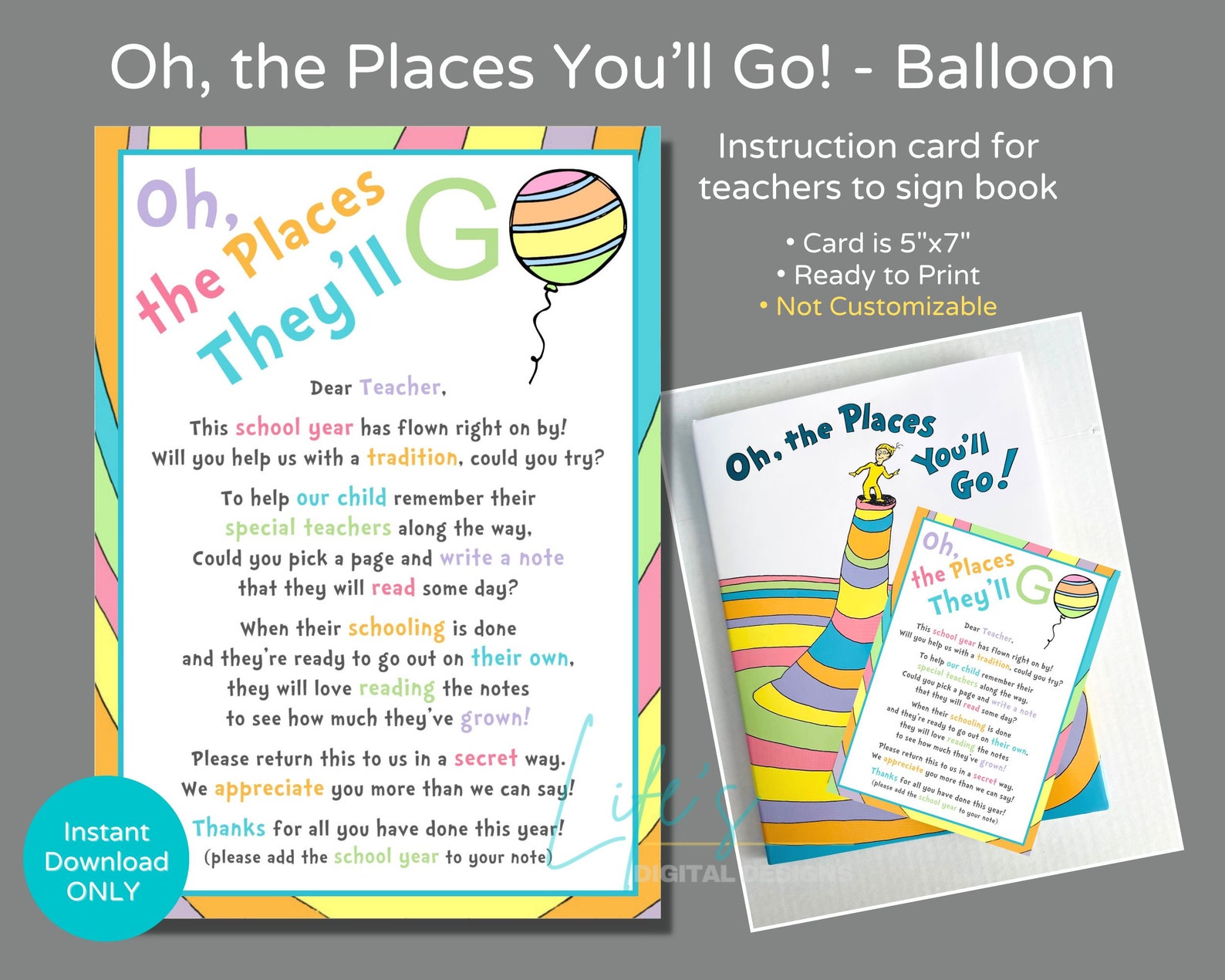 Oh the Places You'll Go Instruction Letter for Teachers to Sign Book ...