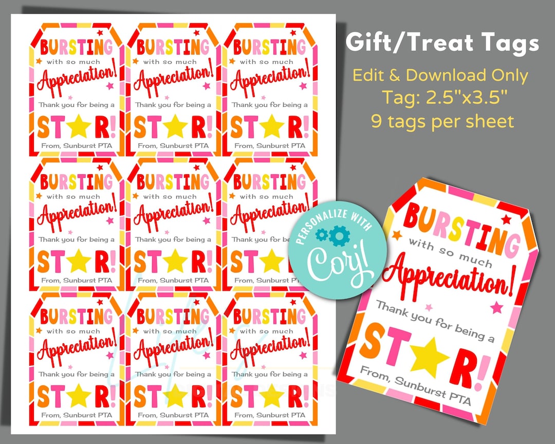 Teacher Appreciation Bursting With Appreciation Tags to Edit in Corjl ...