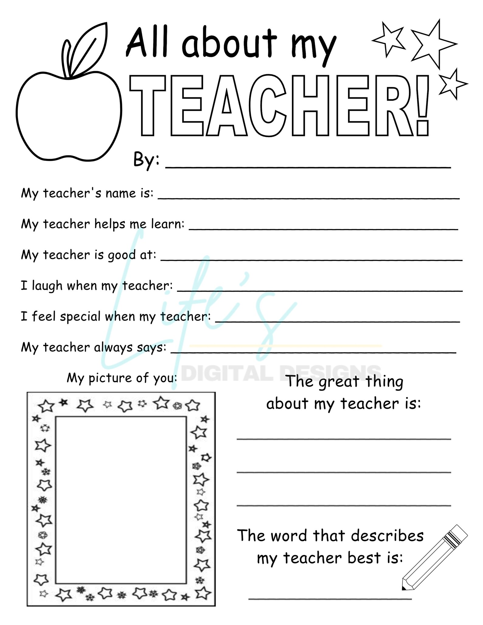Teacher Appreciation All About My Teacher Coloring Page to Download and ...