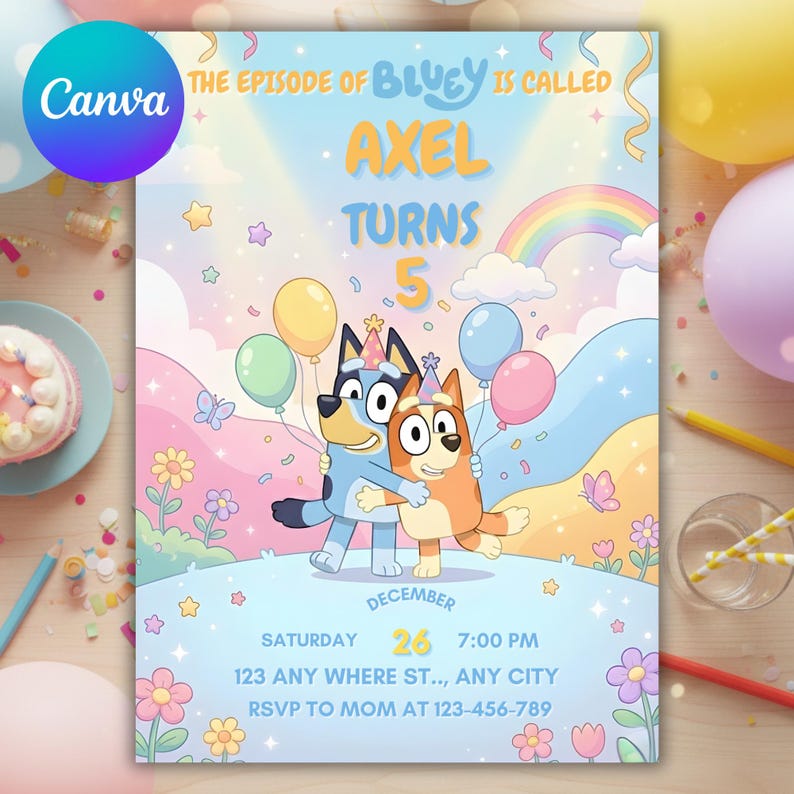 Invitación de cumpleaños azul / Fiesta arcoíris pastel, 5x7 (imprimible ...
