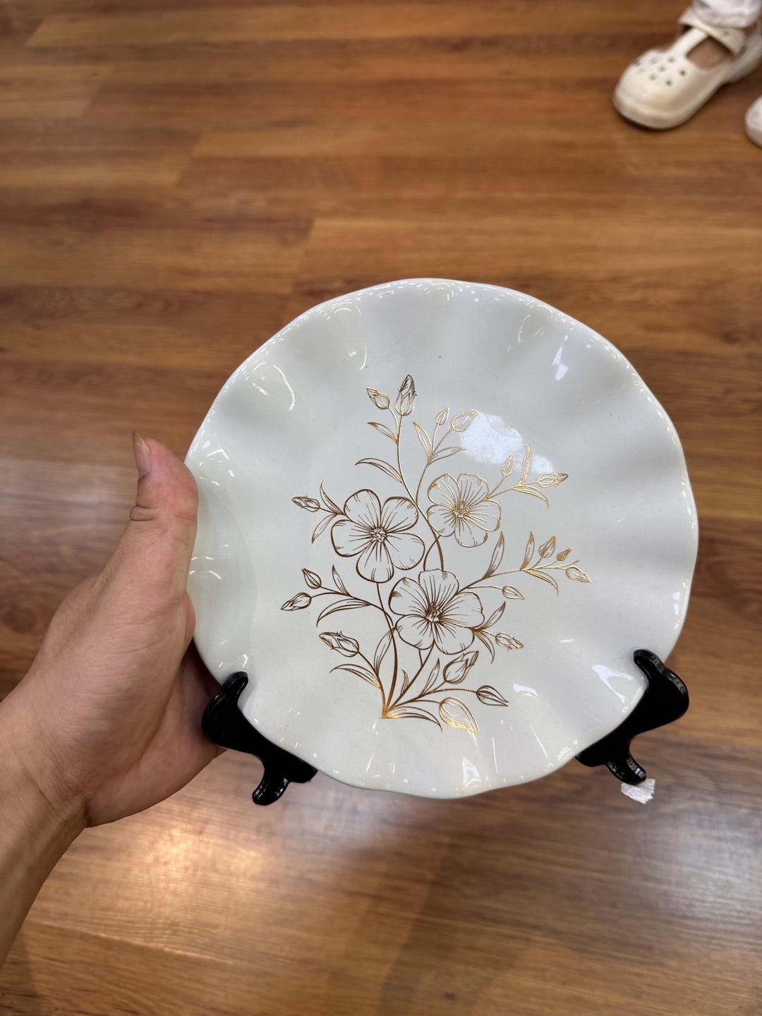 Gold Floral Ceramic Decorative Plate, Wavy Edge White Dish, Vintage ...