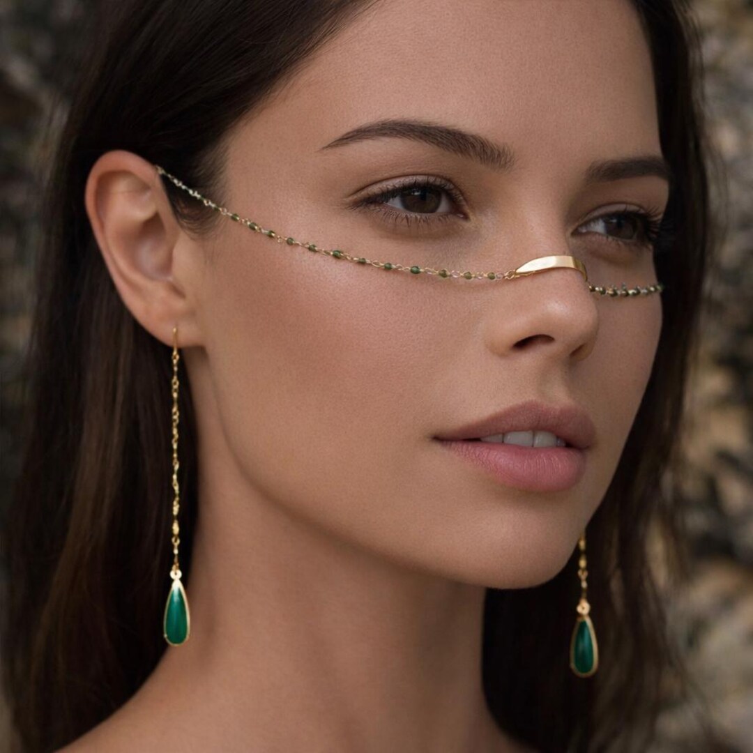 Gold Emerald Nose to Ear Chain, Teardrop Gemstone Bridal Boho Jewelry ...