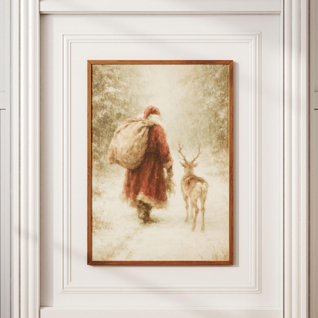 Vintage Santa and Reindeer Print, Rustic Christmas Wall Art, Old World ...