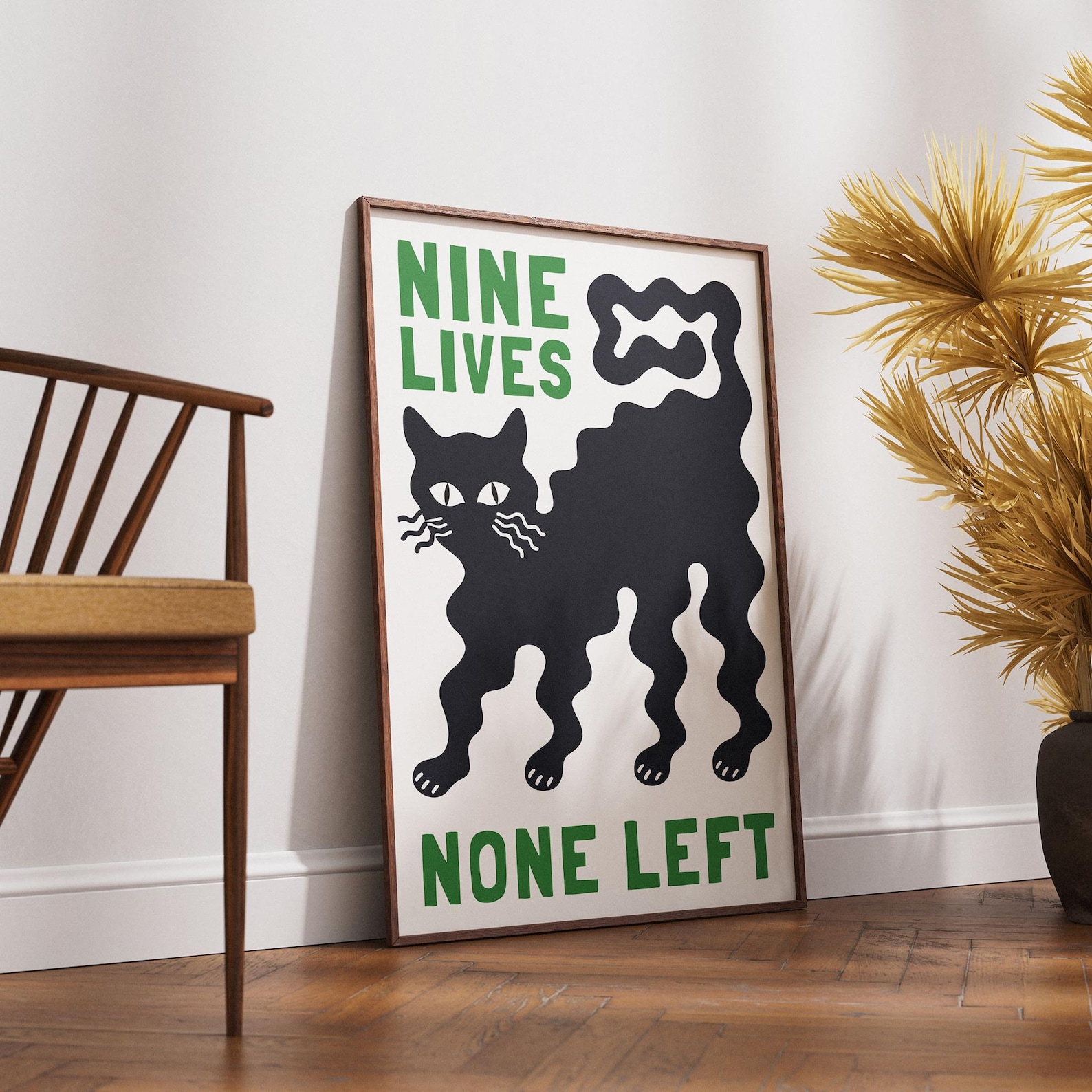 Nine Lives None Left Print, Retro Black Cat Illustration, Minimal ...