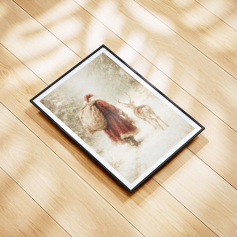 Vintage Santa and Reindeer Print, Rustic Christmas Wall Art, Old World ...