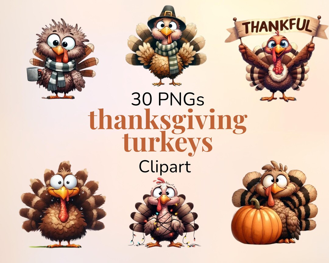 Thanksgiving Turkeys Clipart | Fall Holiday Graphics | 30 Pngs + PDF ...