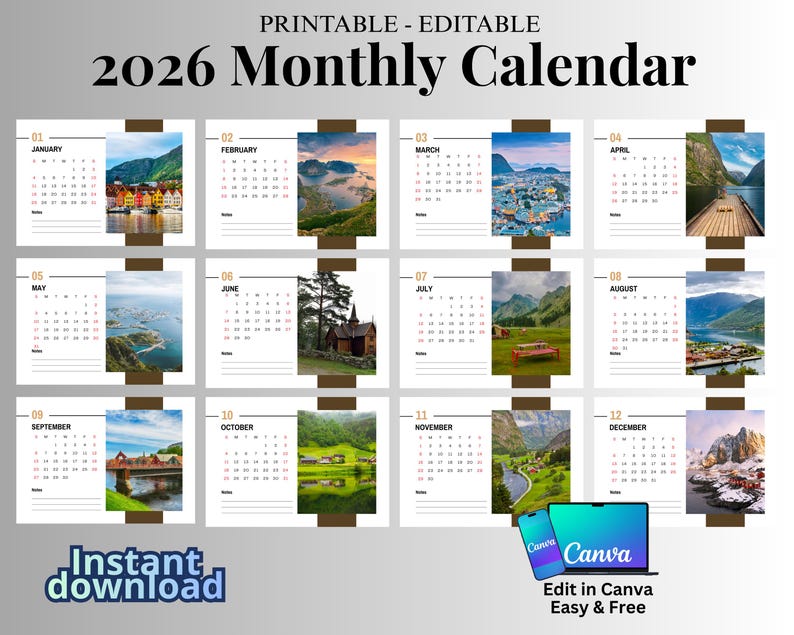 Editable 2026 Monthly Calendar | Canva Template | Printable PDF + PNG ...