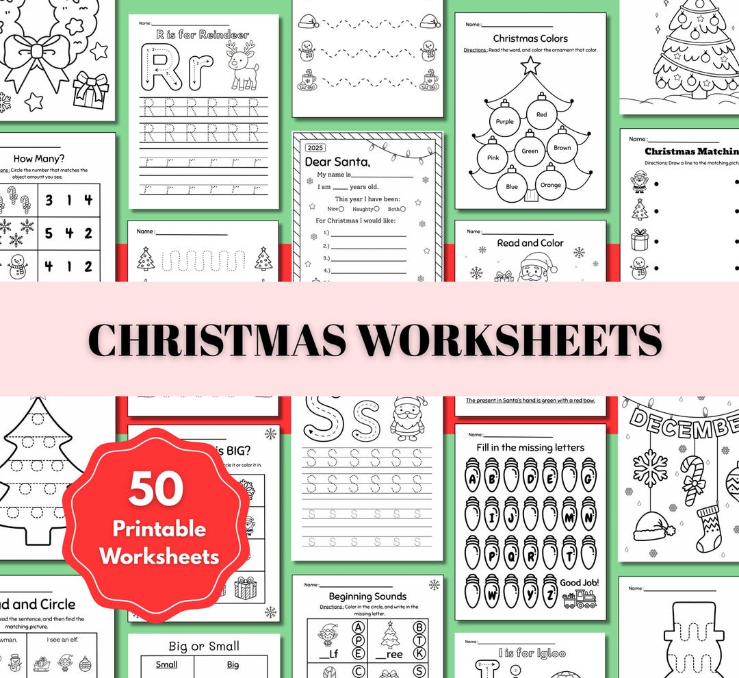 50 Christmas Worksheet Bundle: Kids Activites, Holiday Coloring ...