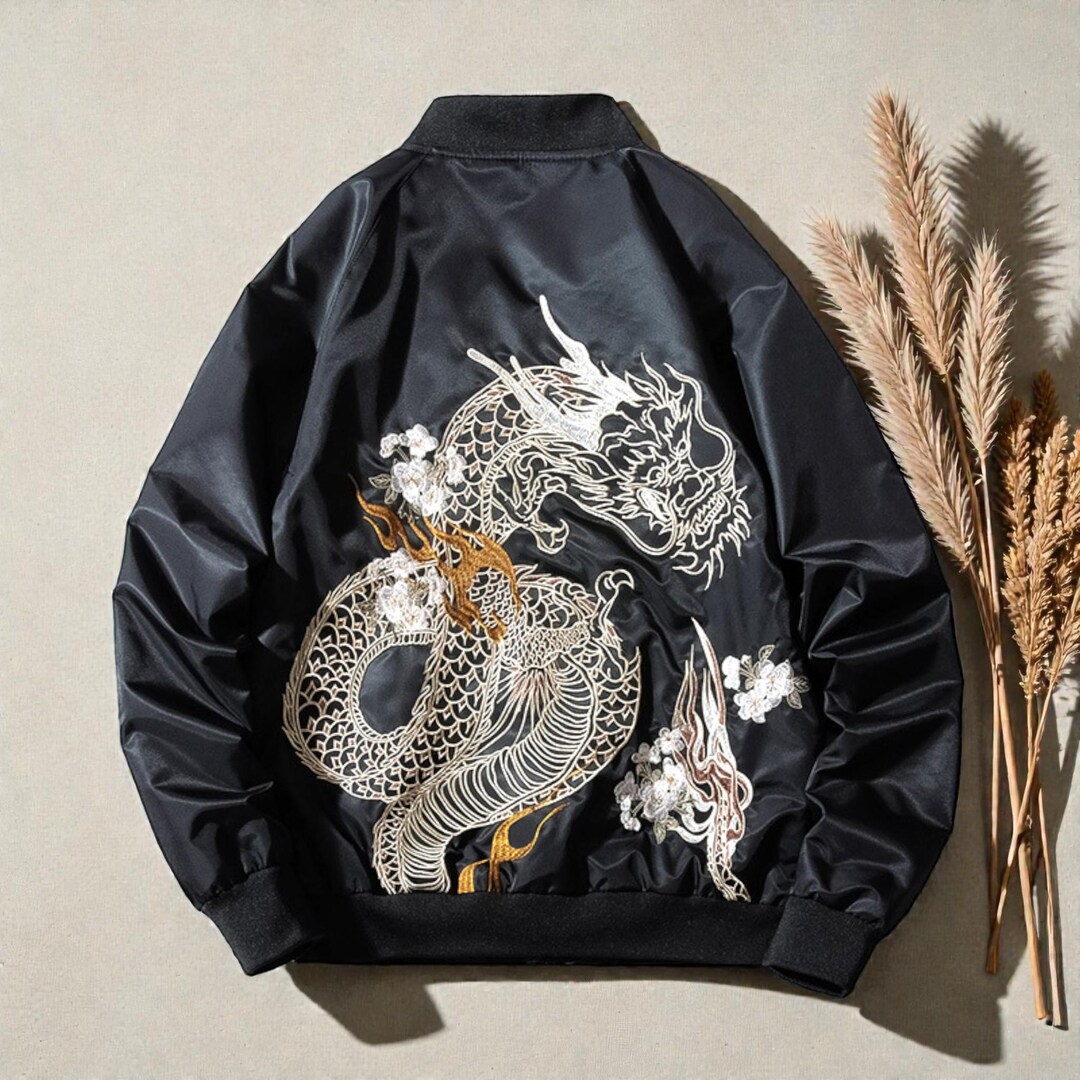 Black Dragon Embroidered Bomber Jacket for Men Women Satin Streetwear ...