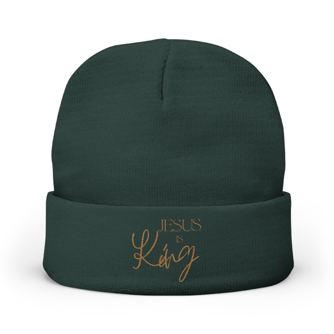Jesus King Embroidered Knit Beanie | Religious Faith Script Cuff Hat ...