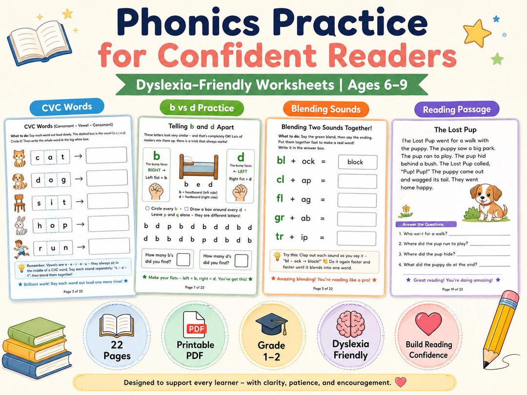 Phonics Worksheets for Kids PDF | Dyslexia-friendly Reading Pack | CVC ...