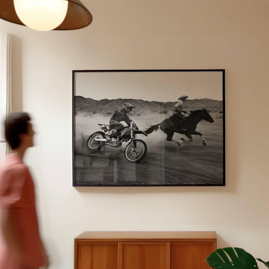 Black and White Cowboy Vs Motocross Racing Wall Art, Western Modern ...
