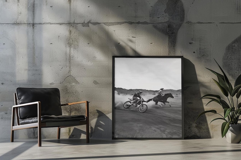 Black and White Cowboy Vs Motocross Racing Wall Art, Western Modern ...