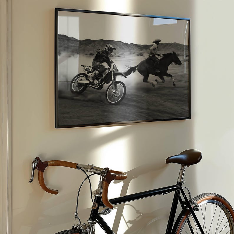 Black and White Cowboy Vs Motocross Racing Wall Art, Western Modern ...