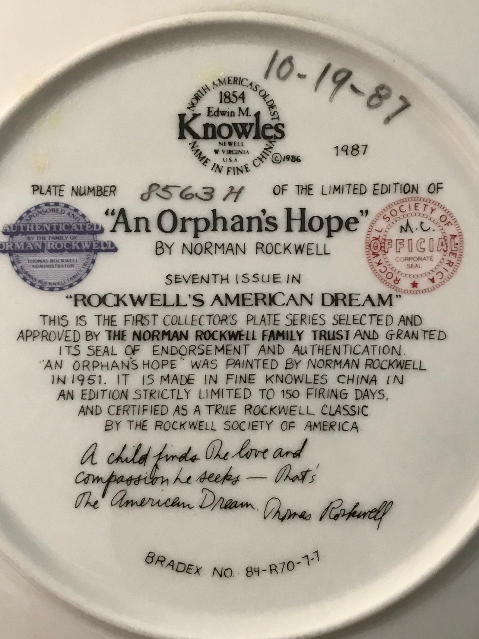 From 1987 "an Orphan's Hope" From "rockwell's American Dream" Collector ...