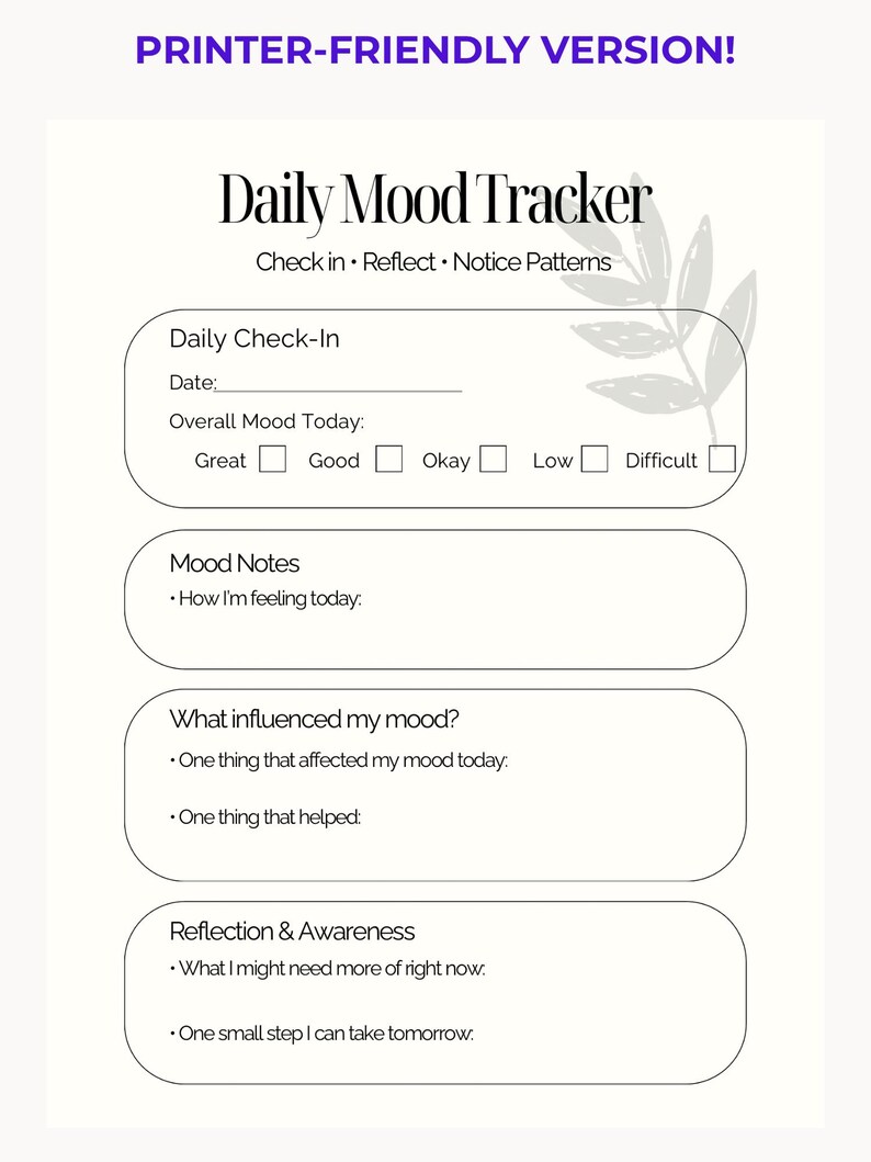 Daily Mood Tracker Printable | Minimalist Mental Health Journal (color ...