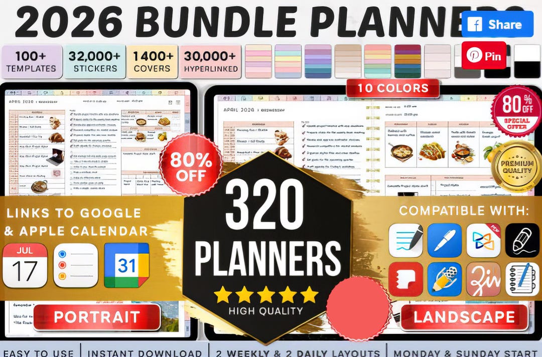2026 Digital Planner Bundle: Hyperlinked Calendar, Stickers (goodnotes ...