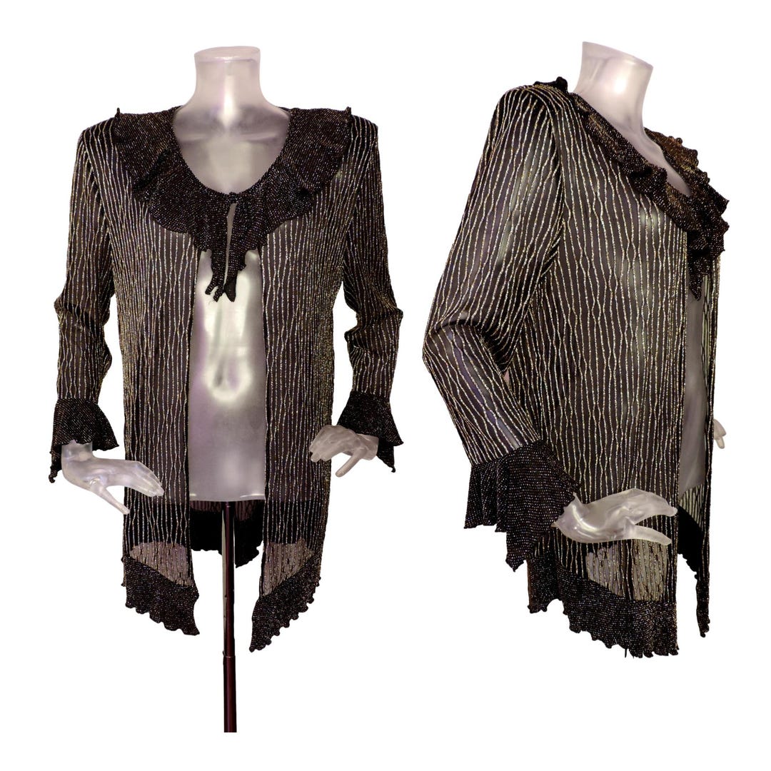 Vintage 1980s Retro Black Gold Sheer Evening Jacket UK 14 Fr 42 80s ...