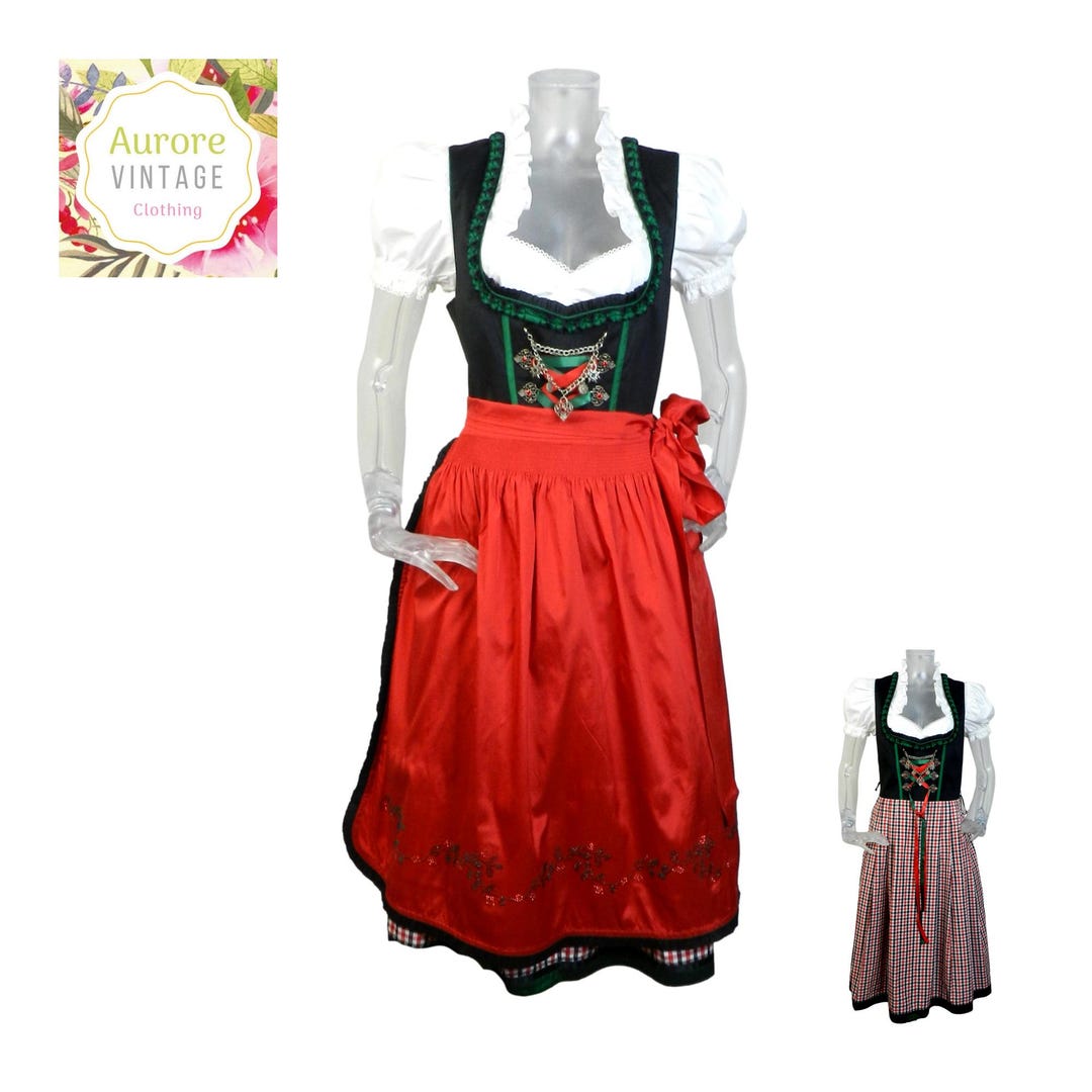 VINTAGE Dirndl Dress/black Check Bohemian Folk Dress UK 12 F 40 ...