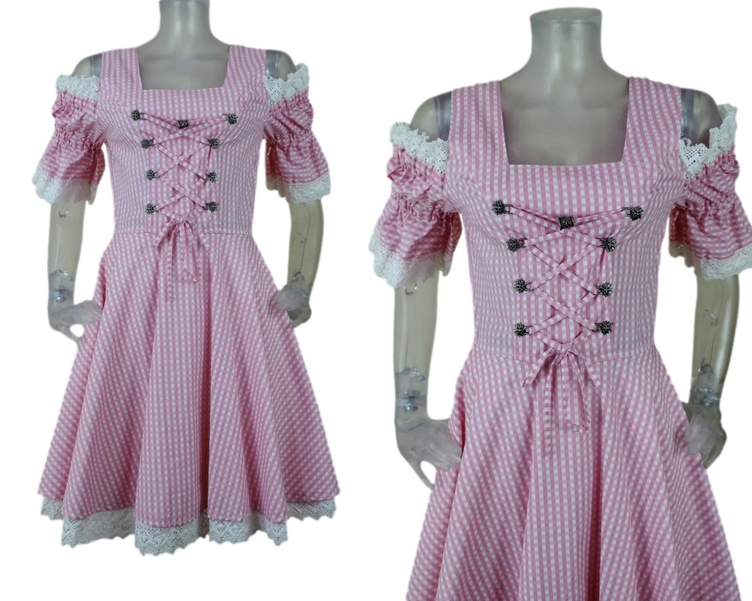 VINTAGE Dirndl Dress/pink Gingham Check Folk Dress/bohemian Dress UK 10 ...