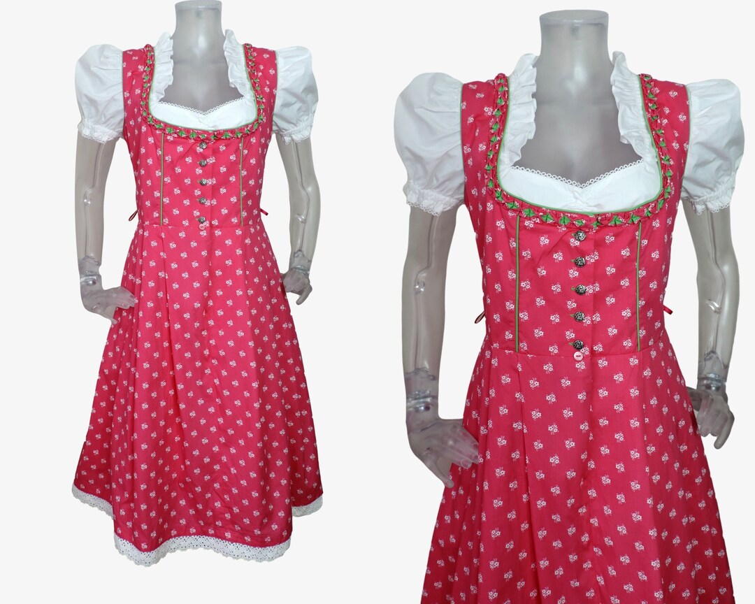 VINTAGE Dirndl Dress/pink White Floral Boho Folk Mini Dress UK 10 F 38 ...