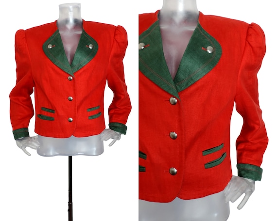 Vintage Bavarian Folk Jacket/ Red Green Lapels Linen … - Gem