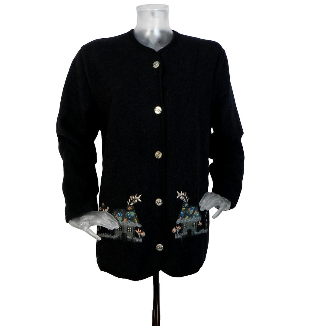 Vintage Wool Folk Jacket/black Embroidered Cottage Jacket Cardigan/uk ...