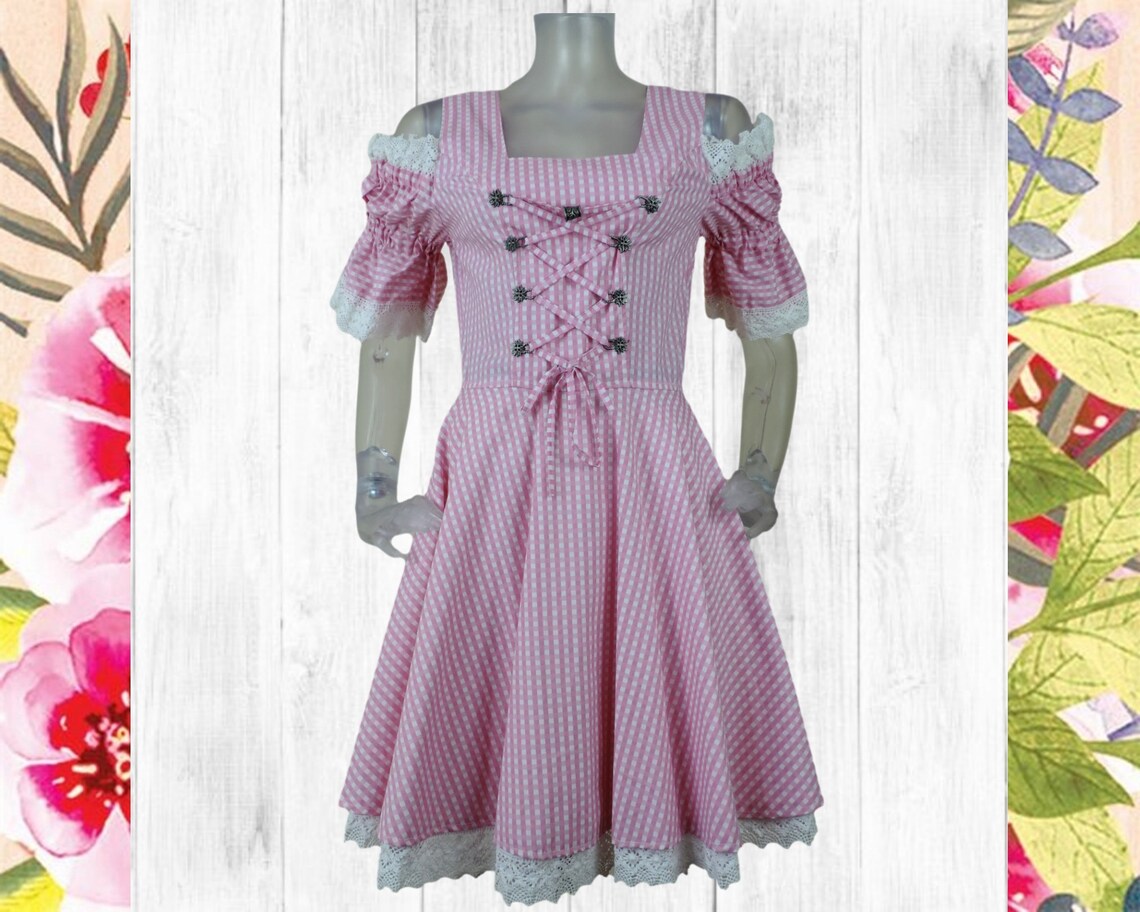 VINTAGE Dirndl Dress/pink Gingham Check Folk Dress/bohemian Dress UK 10 ...