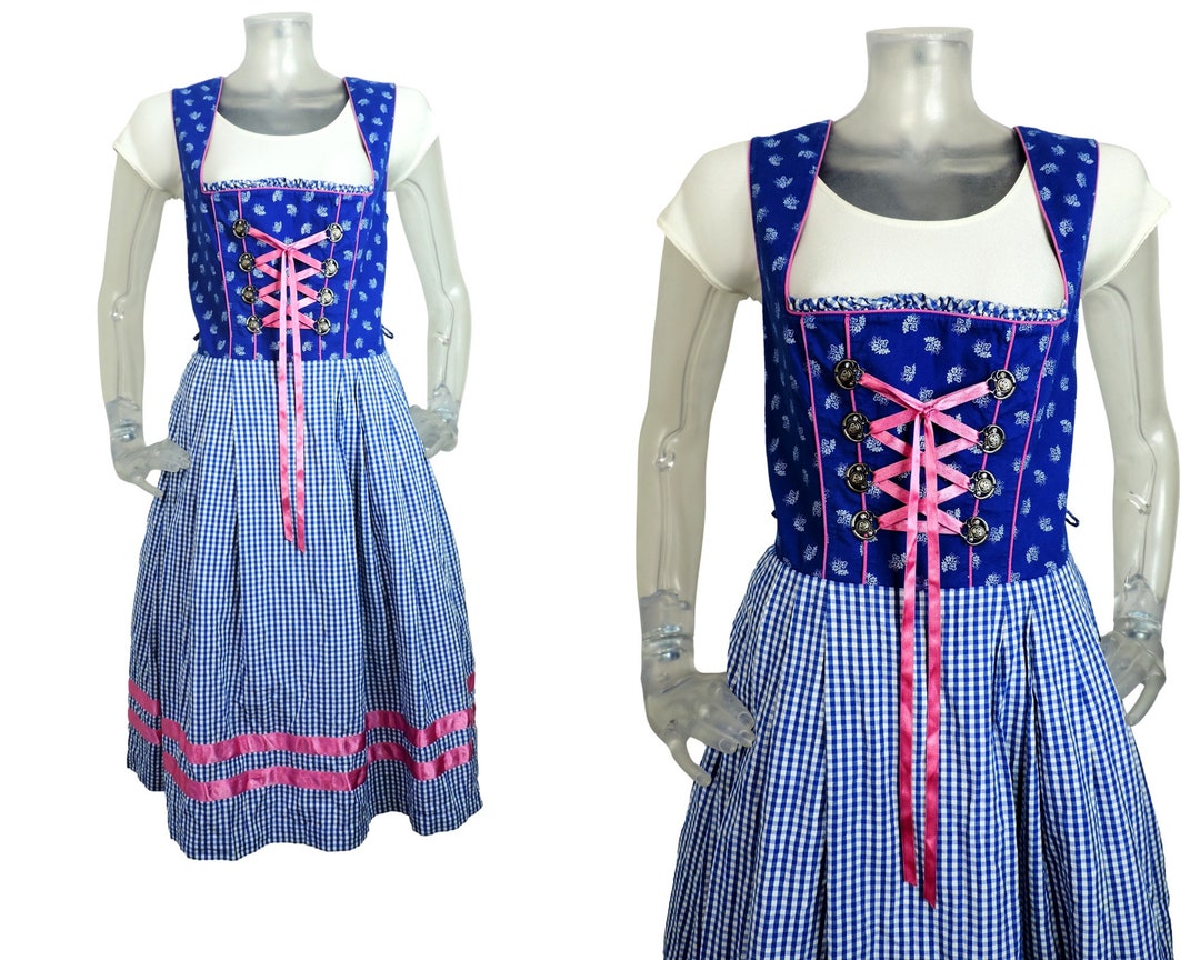 VINTAGE Dirndl Dress/ Blue Flower Check Bohemian Folk Dress UK 12 Fr 40 ...