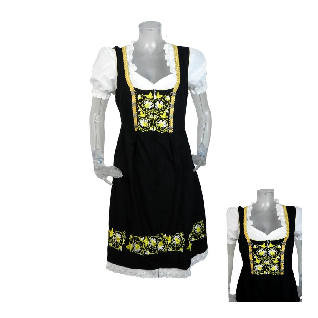VINTAGE Dirndl Dress /black Yellow Brocade Folk Dress UK 12 Fr 40 ...