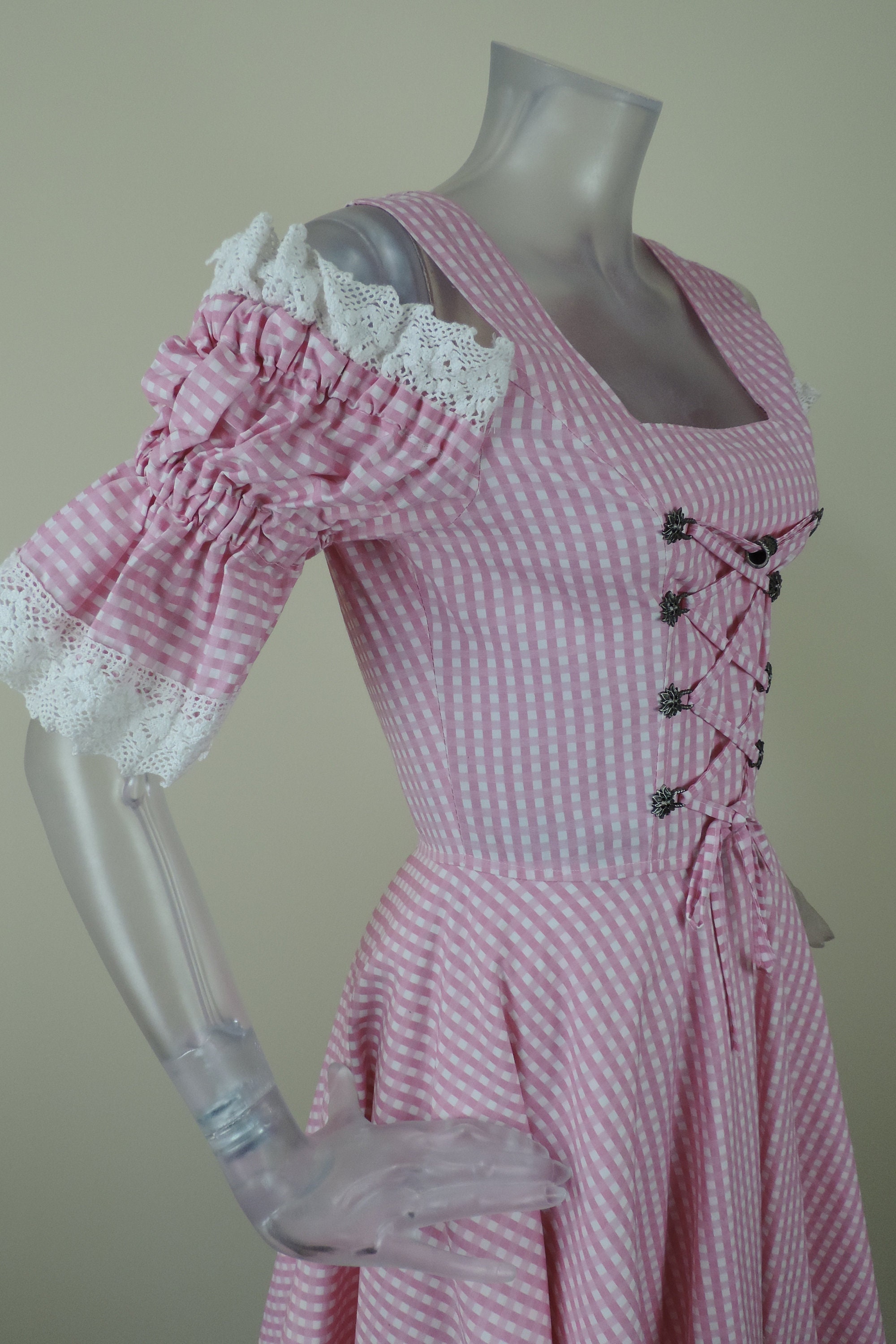 VINTAGE Dirndl Dress/pink Gingham Check Folk Dress/bohemian Dress UK 10 ...