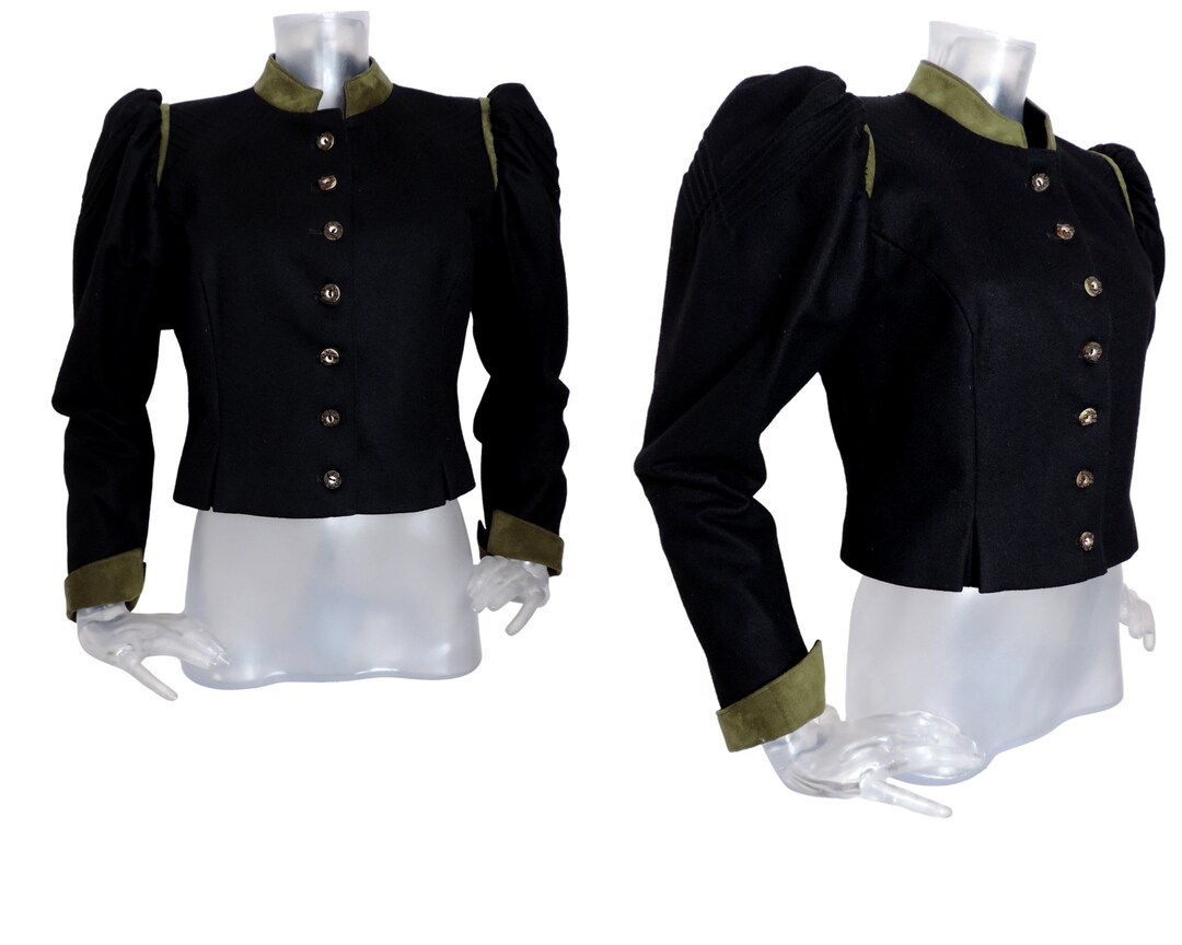 Vintage Bavarian Folk Jacket/ Black Wool Green Suedette Cropped Jacket ...