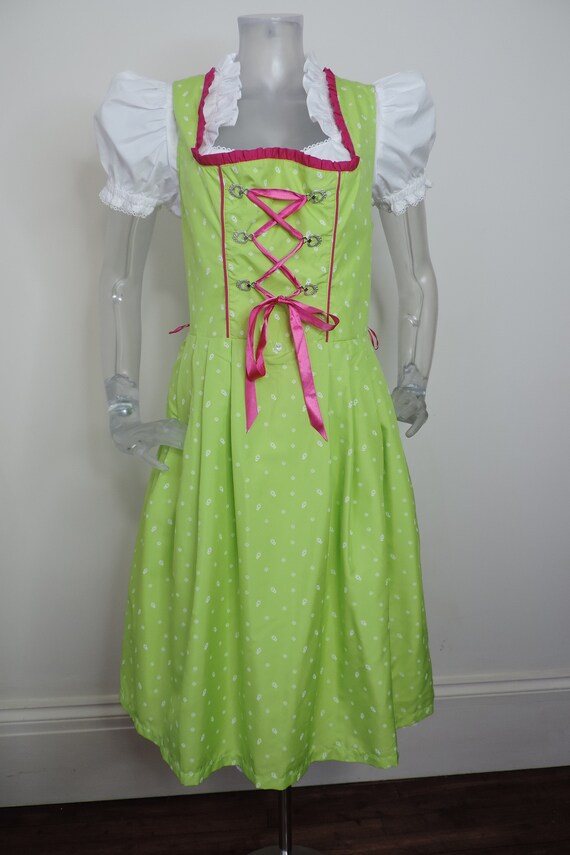 Vintage Dirndl Dresslime Green Pink Flower Folk Dres Gem