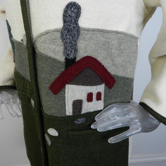 Vintage Wool Folk Jacket/Cream Grey Felt House Appliq… - Gem